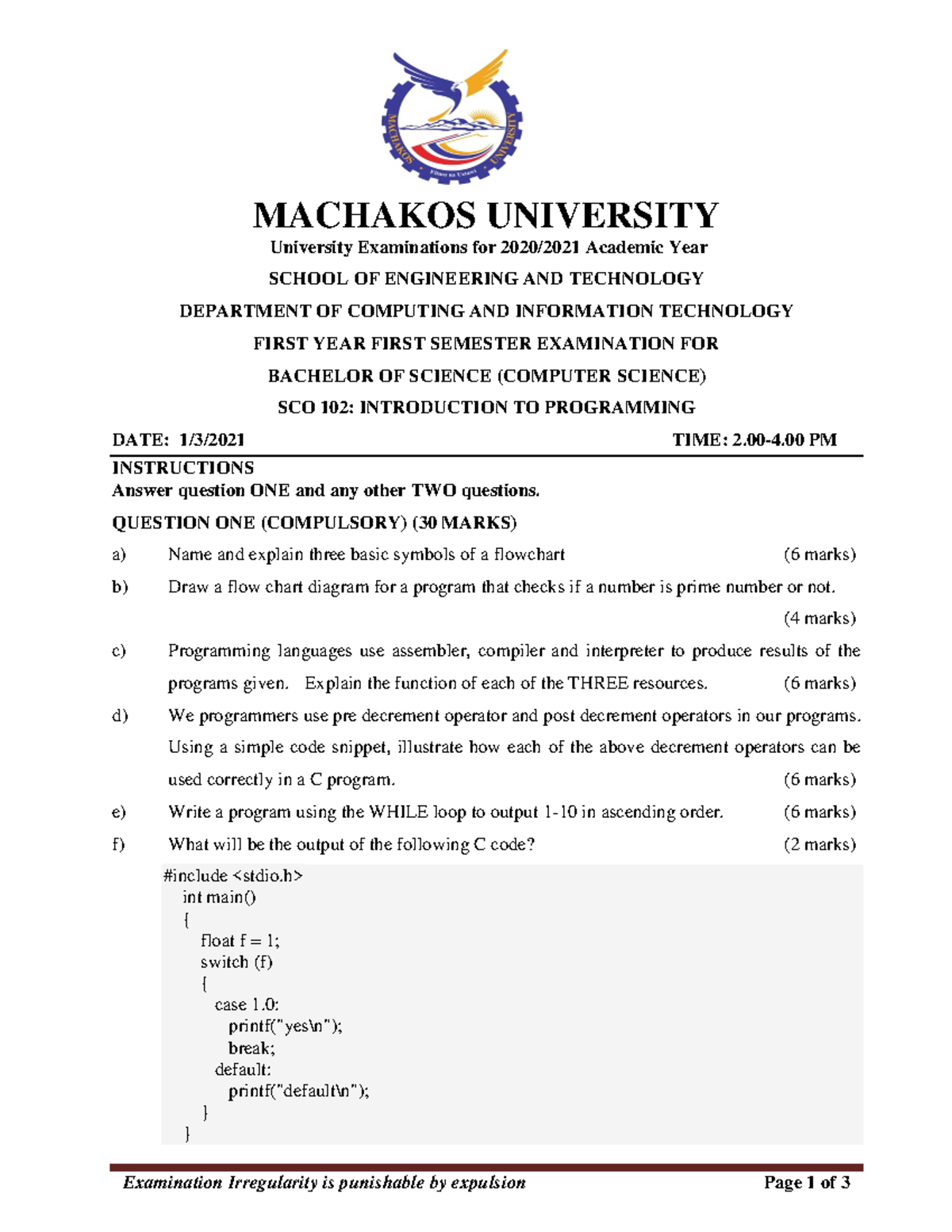 SCO 102 Introduction TO Programming - Examination Irregularity is ...