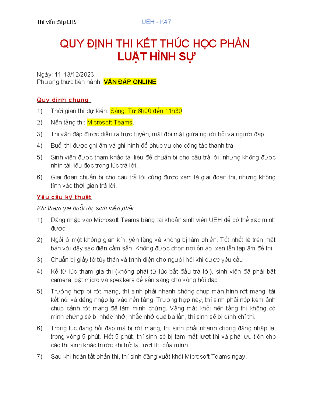 2. LHS - QUY ĐỊNH THI VẤN ĐÁP - Thi vấn đáp LHS UEH - K QUY ĐỊNH THI KẾT THÚC HỌC PHẦN LUẬT HÌNH ...