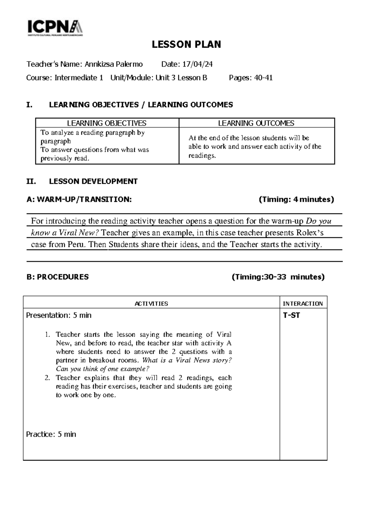 Lesson Plan Format 2024 demo met 04 - LESSON PLAN Teacher’s Name ...