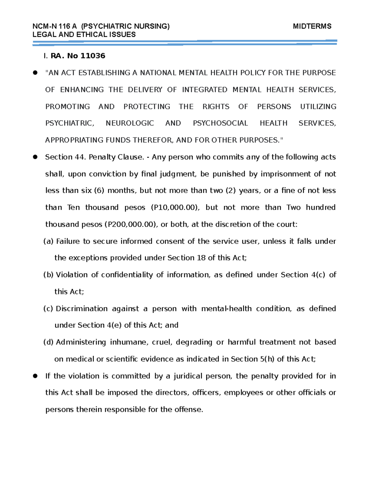 Psychiatric Nursing - Legal And Ethical Issues - NCM-N 116 A ...