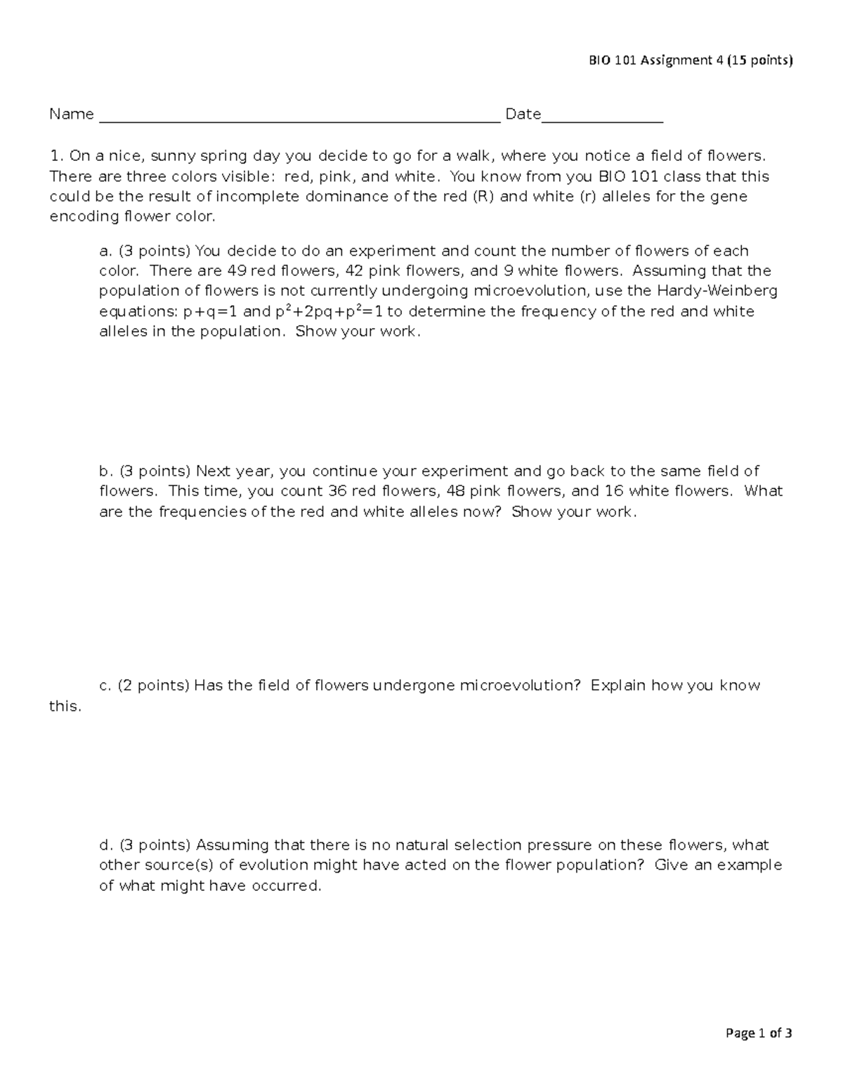 BIO101 Assignment 4 - BIO 101 Assignment 4 (15 points) Name - Studocu