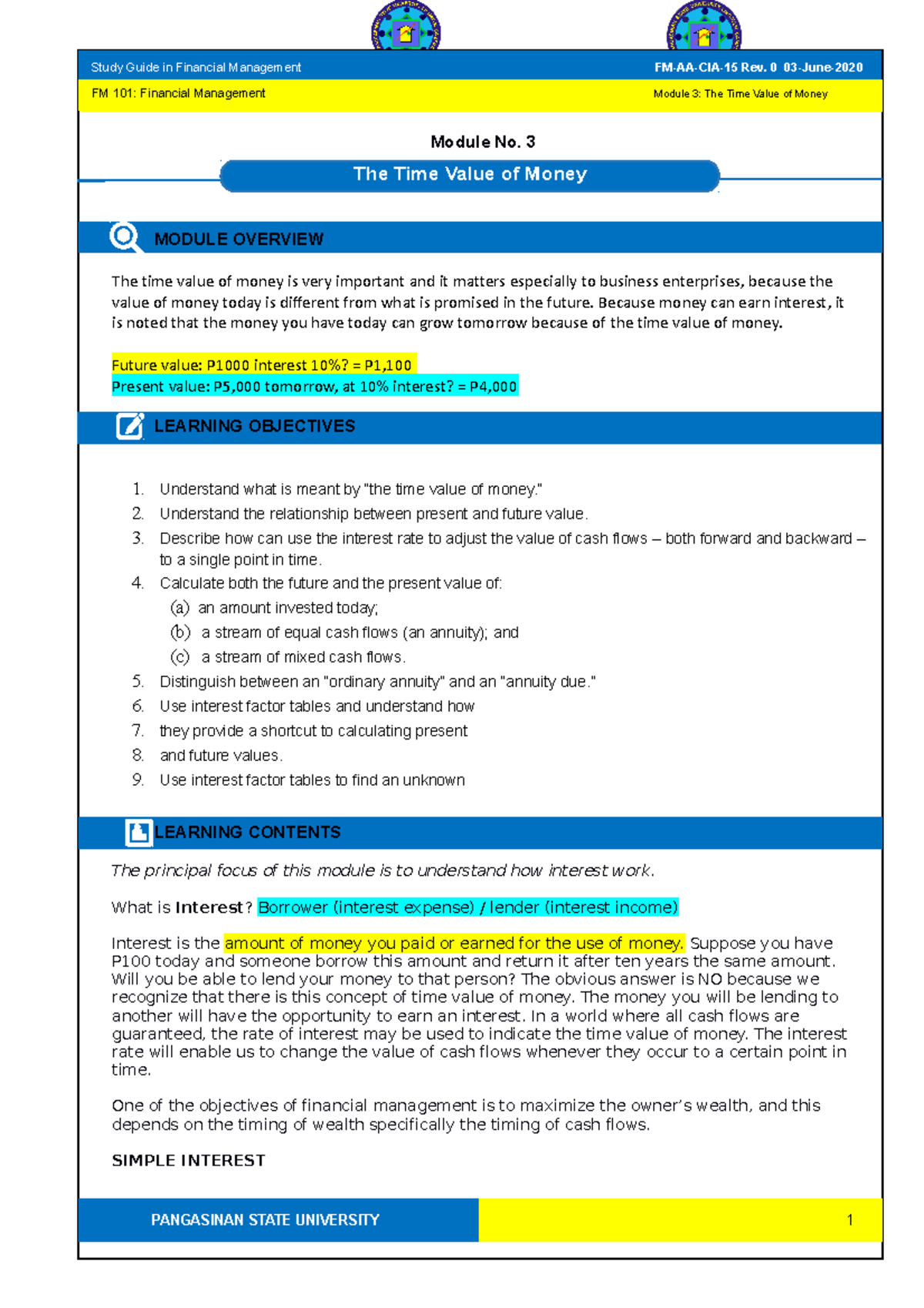 FM 101 SG 3 - Module 3 - Module No. 3 MODULE OVERVIEW The time value of ...