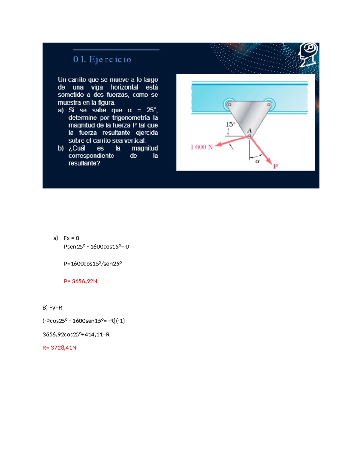 Estática tarea - Estática - a) Fx = 0 Psen25° - 1600cos15°= 0 P ...