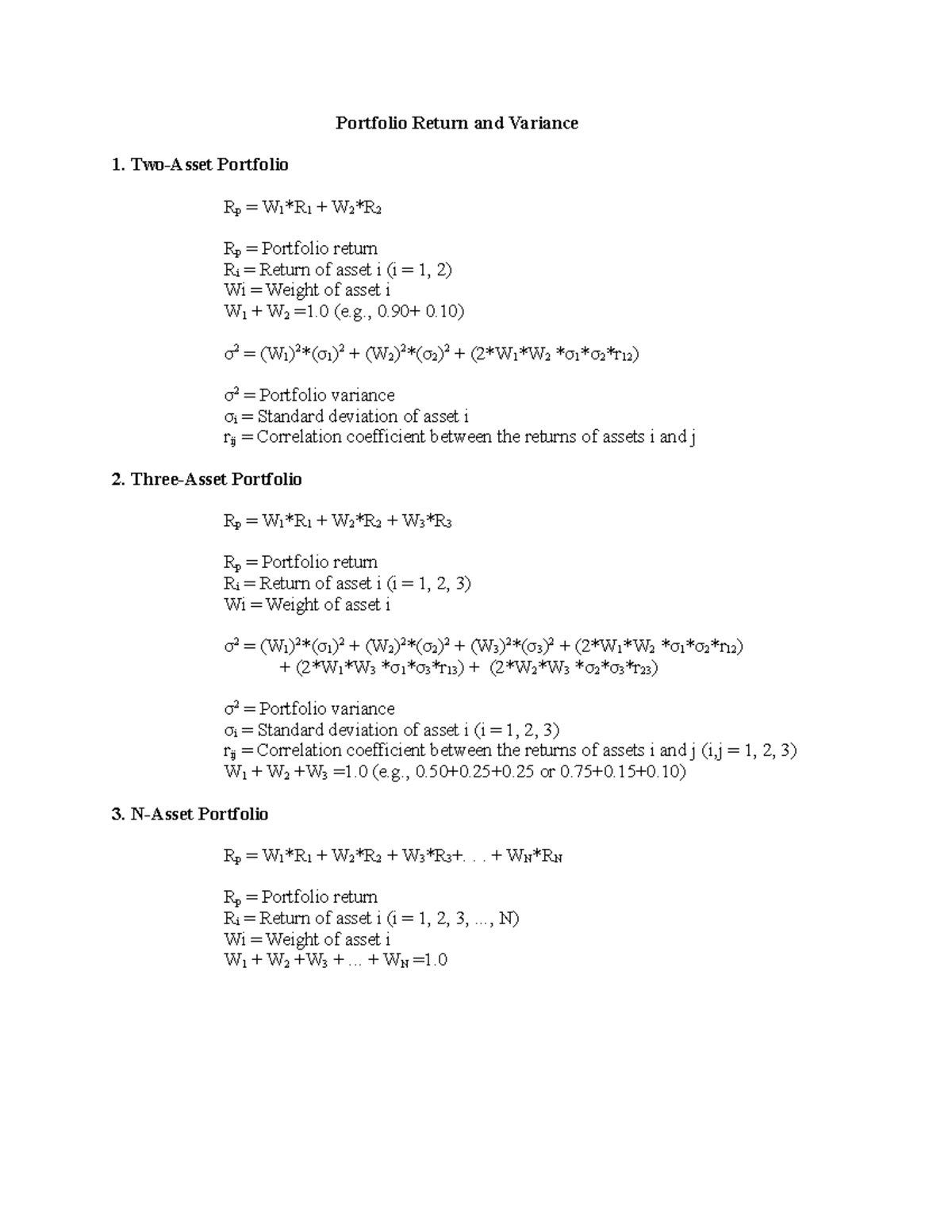 2-aseet&3-asset formulas - Portfolio Return and Variance 1. Two-Asset ...
