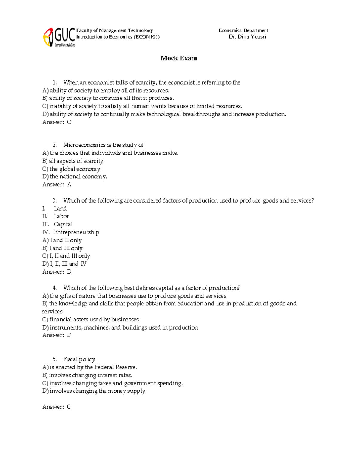 Mock Exam-Revision-Business Economics - Introduction to Economics ...