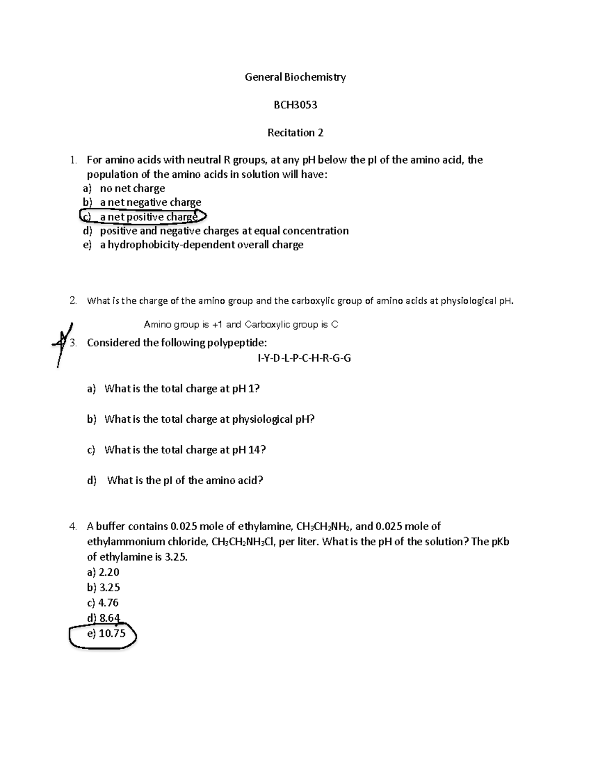Worksheet 2 Biochem - General Biochemistry BCH Recitation 2 For amino ...