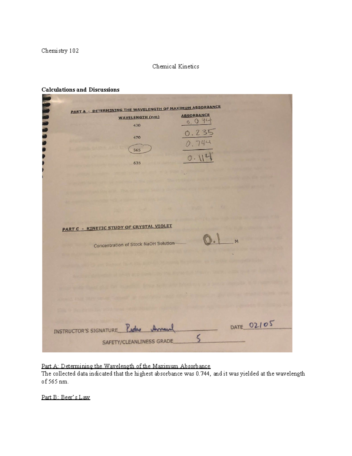 Chem 102 Chemical Kinetics Lab Data and Calculations - Chemistry 102 ...