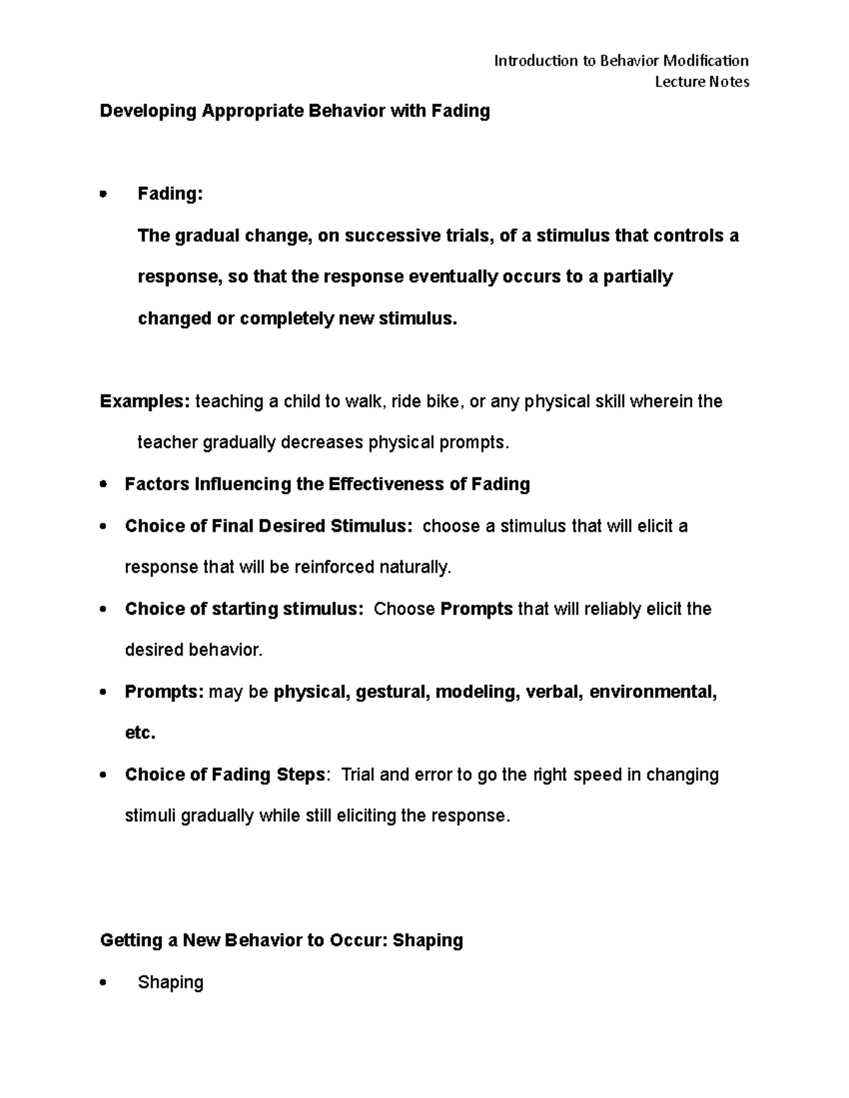 Behavior Modification Lecture Notes: Fading Shaping and Chaining - Studocu