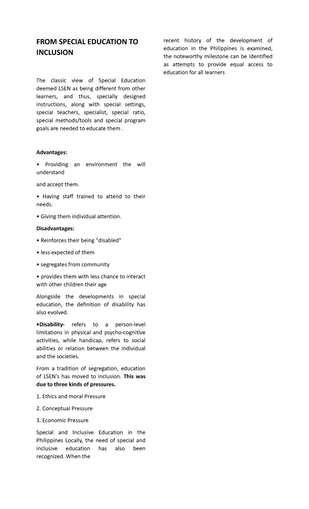 PROF. ED 2 Reviewer - FROM SPECIAL EDUCATION TO INCLUSION The classic ...