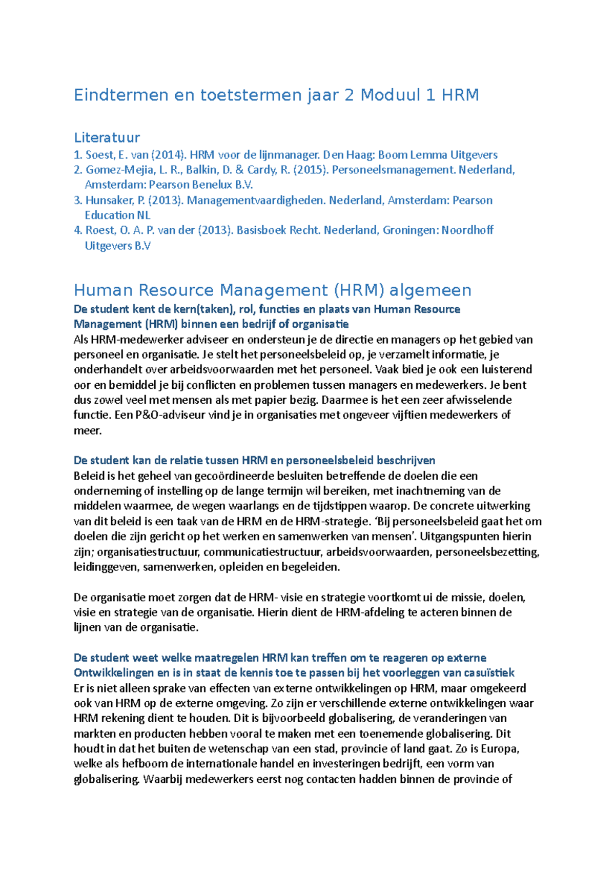 Samenvatting Hrm Eindtermen En Toetstermen Jaar 2 Moduul 1 Hrm
