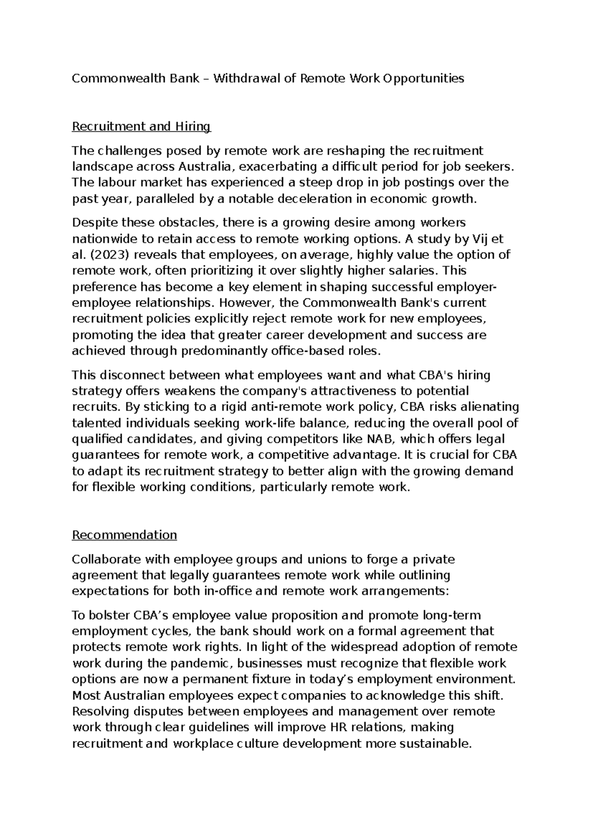 CBA analysis - remote work R&S + recommendation - Commonwealth Bank ...