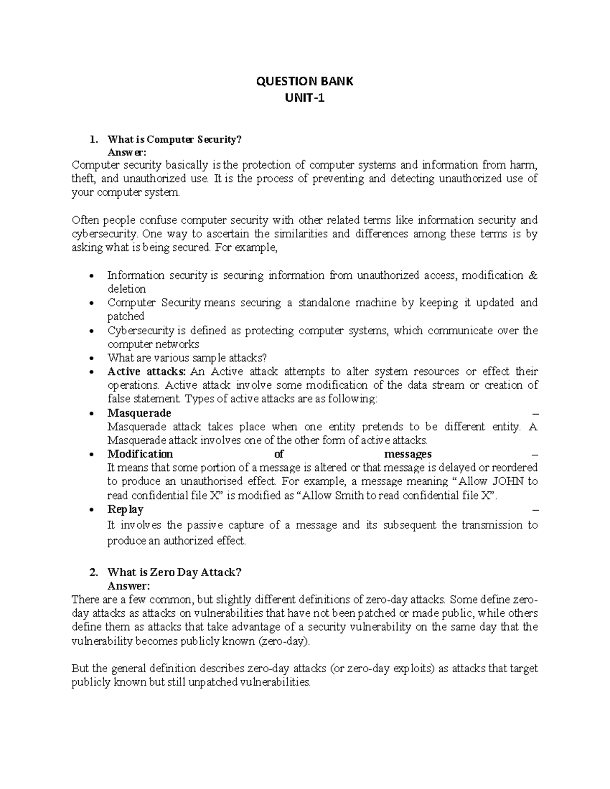 Qb Unit 1 Question Bank Unit What Is Computer Security Answer Computer Security Basically