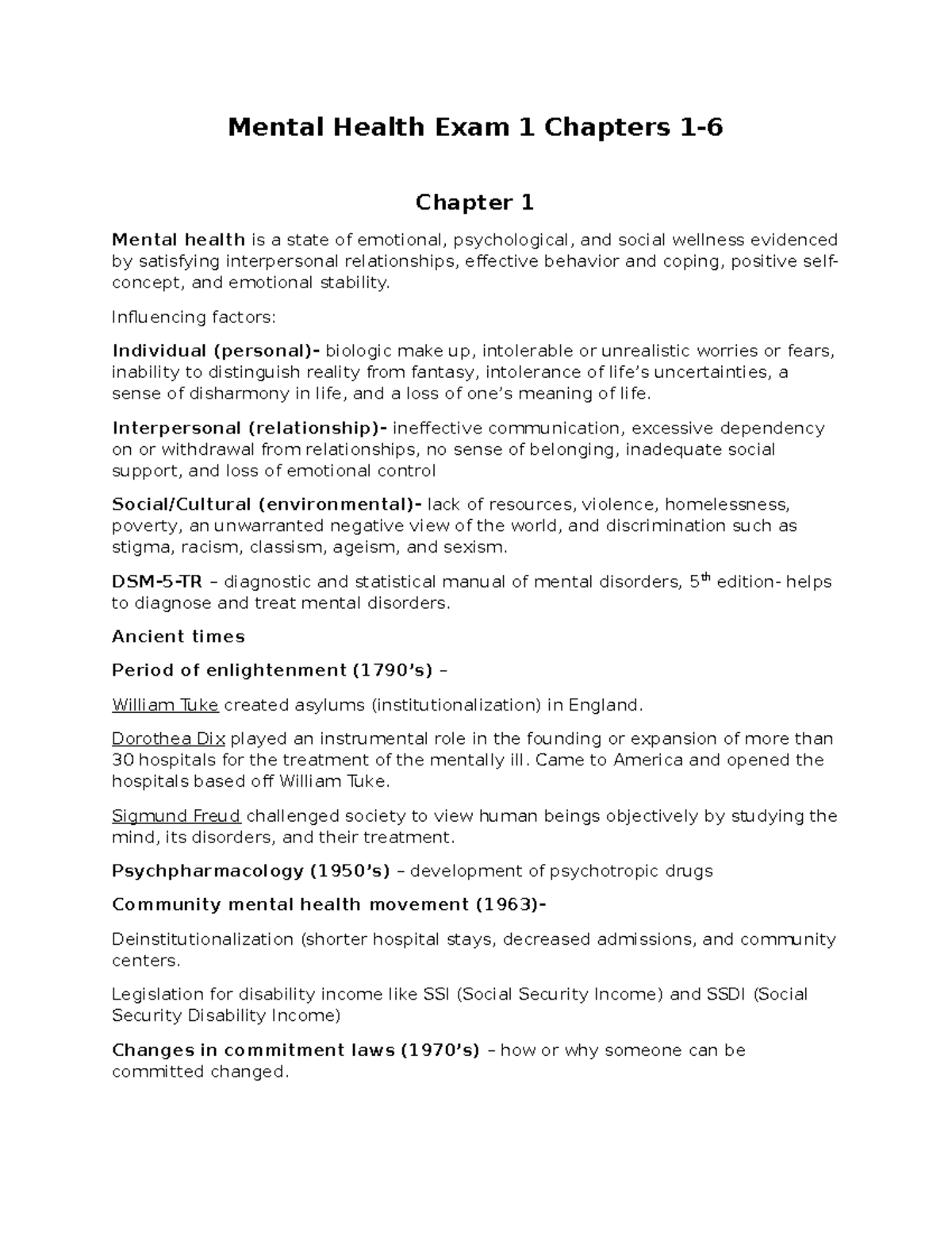 Notes for Exam 1 - Mental Health Exam 1 Chapters 1- Chapter 1 Mental ...
