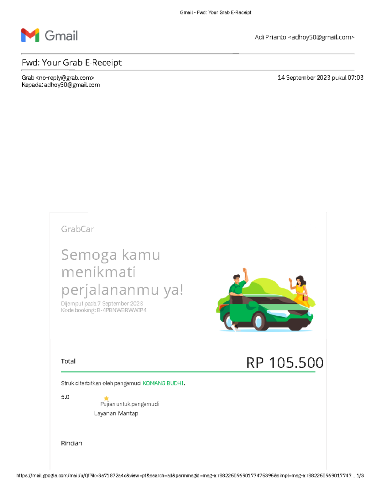 ADI Prianto - Gmail - Fwd Your Grab E-Receipt KOST - Distributor ...