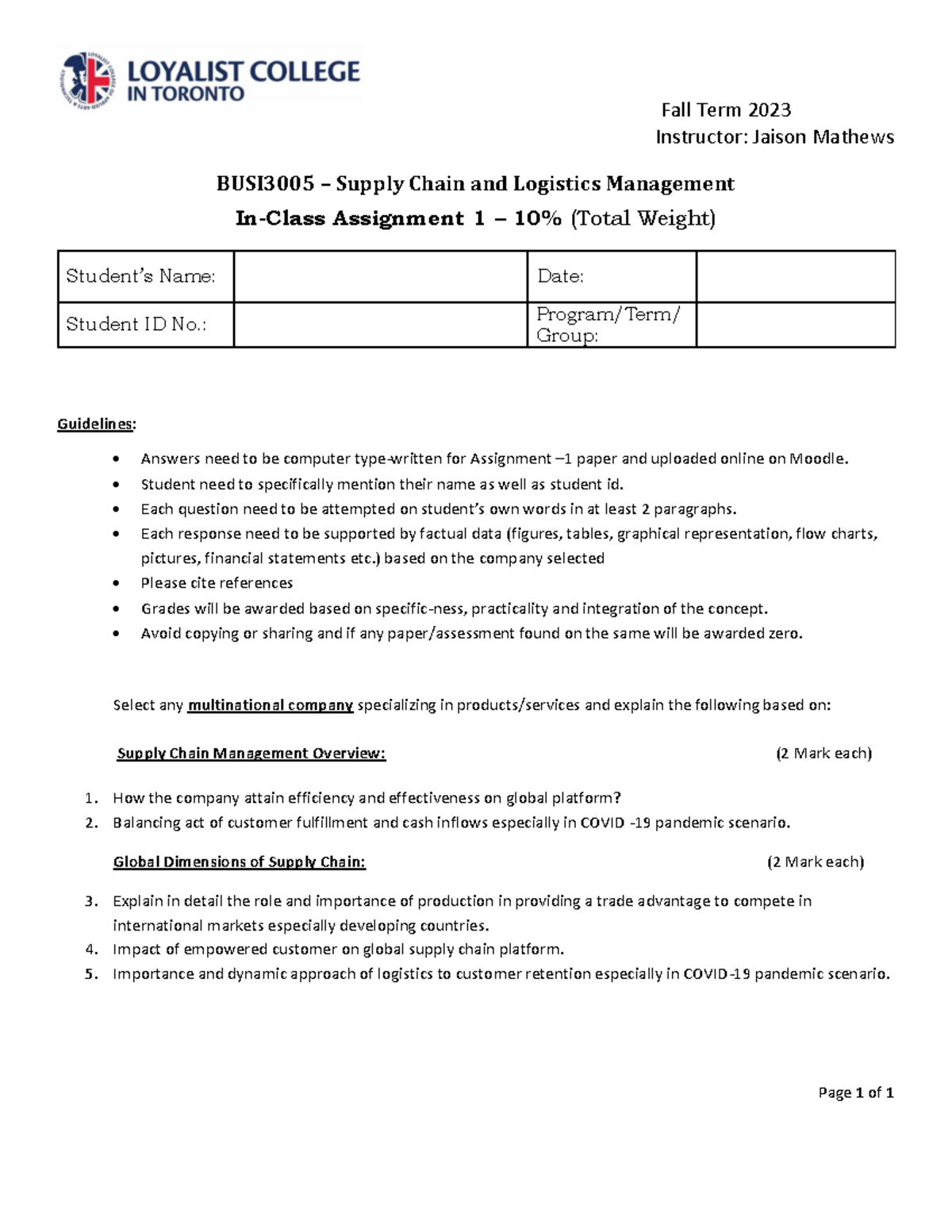 BUSI3005 In-Class Assignment 1 - Fall Term 20 23 Instructor: Jaison Mathews Page 1 of 1 BUSI3005 ...
