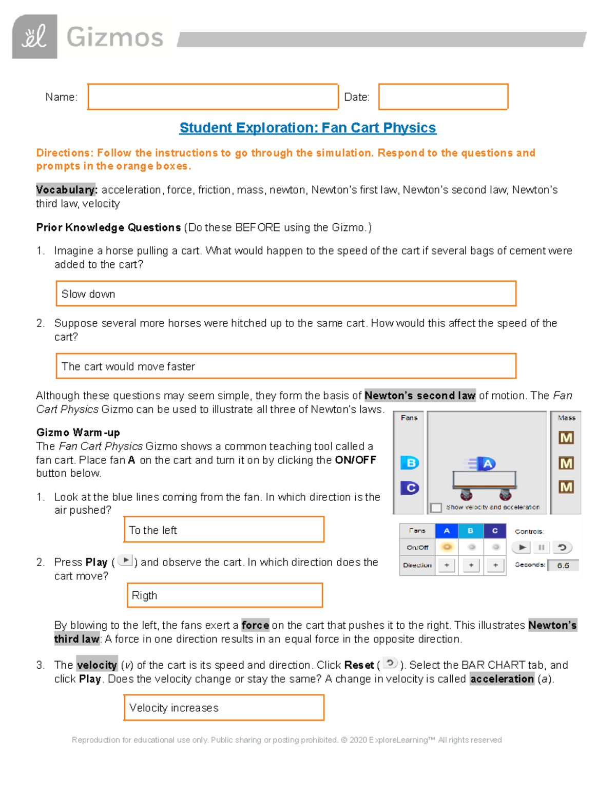 Gizmo Lab Fan Cart Physics - Name: Date: Student Exploration: Fan Cart ...