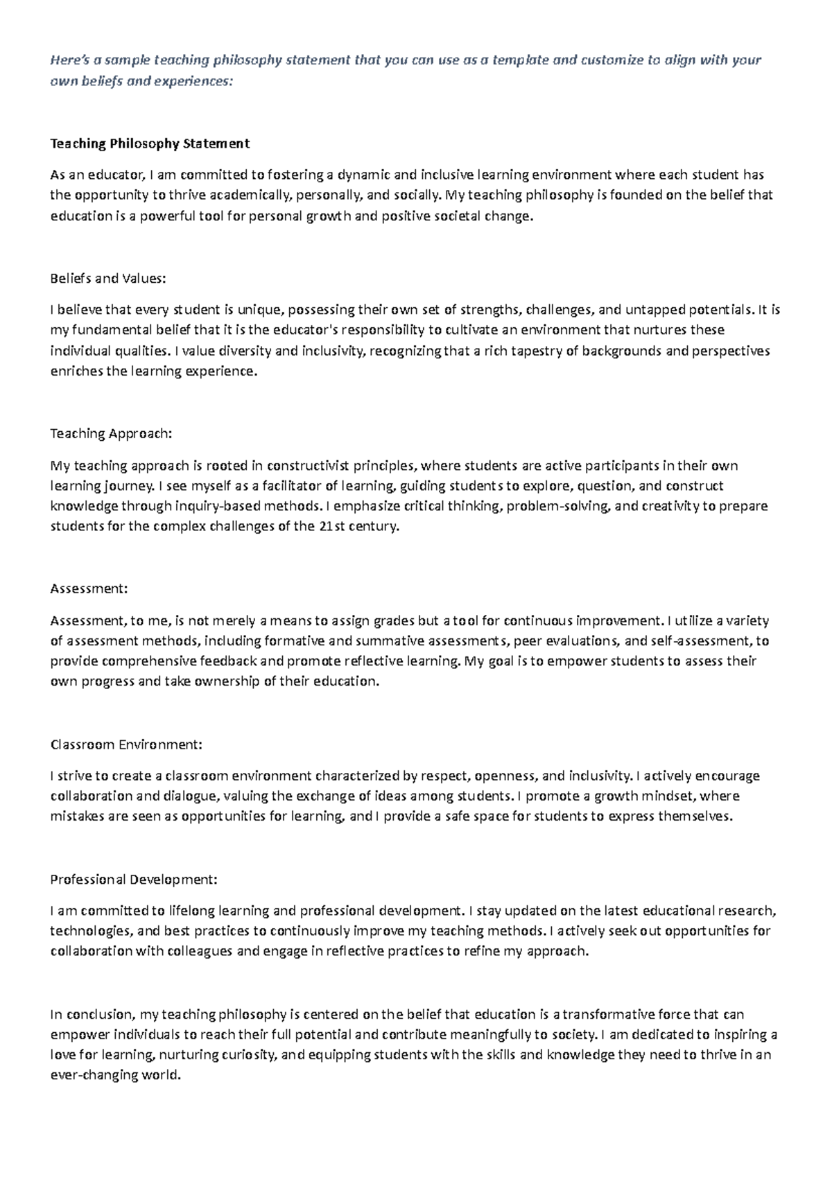 Teaching Philosophy Sample - Here’s a sample teaching philosophy ...