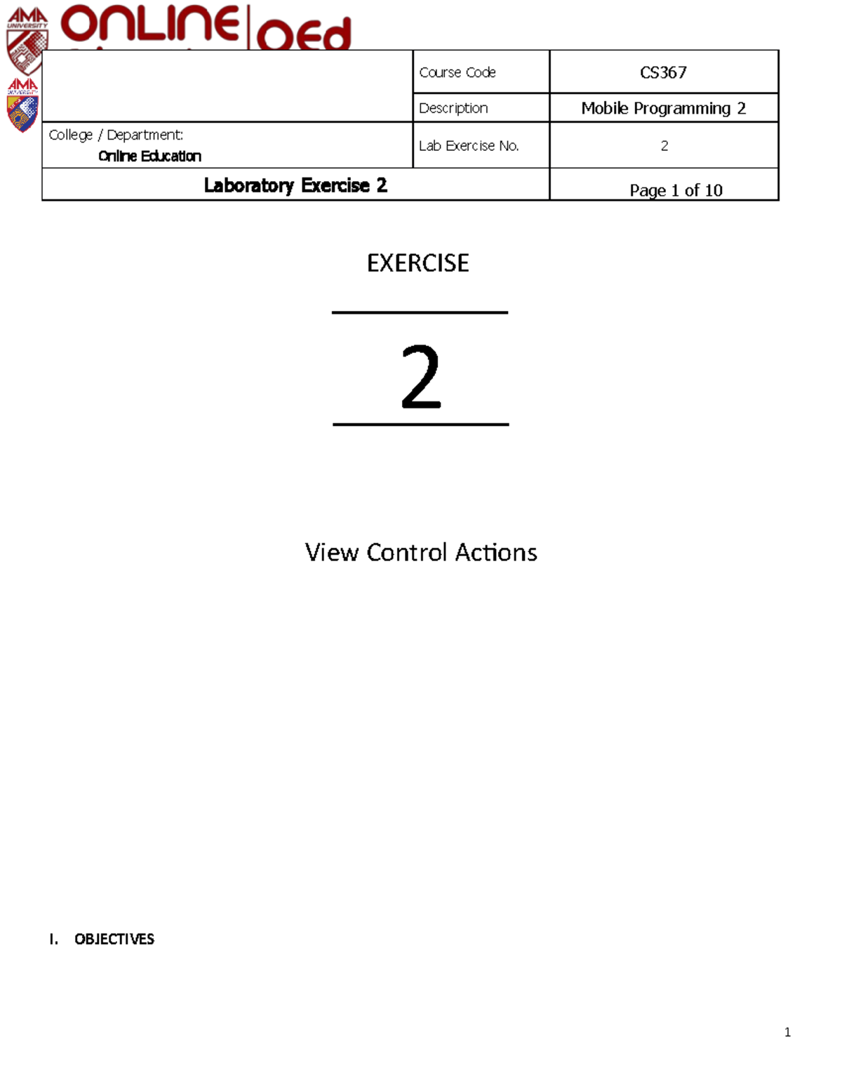 Magalong Shiela Marie Laboratory Exercise 2 - EXERCISE 2 View Control Actions I. OBJECTIVES ...
