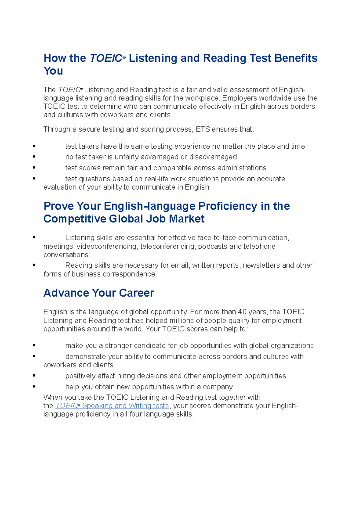 About Toeic - How the TOEIC® Listening and Reading Test Benefits You ...