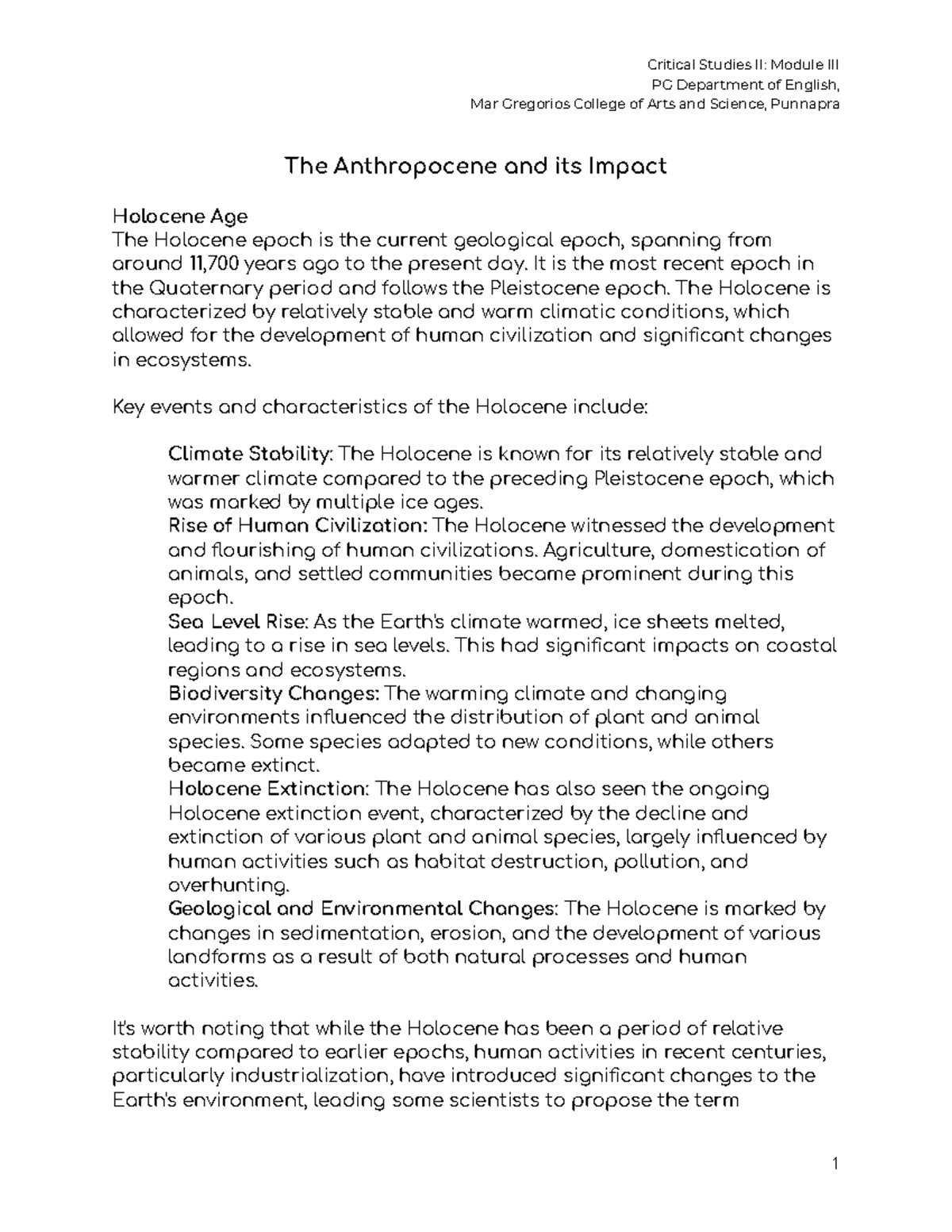 The Anthropocene and its Impact - PG Department of English, Mar ...