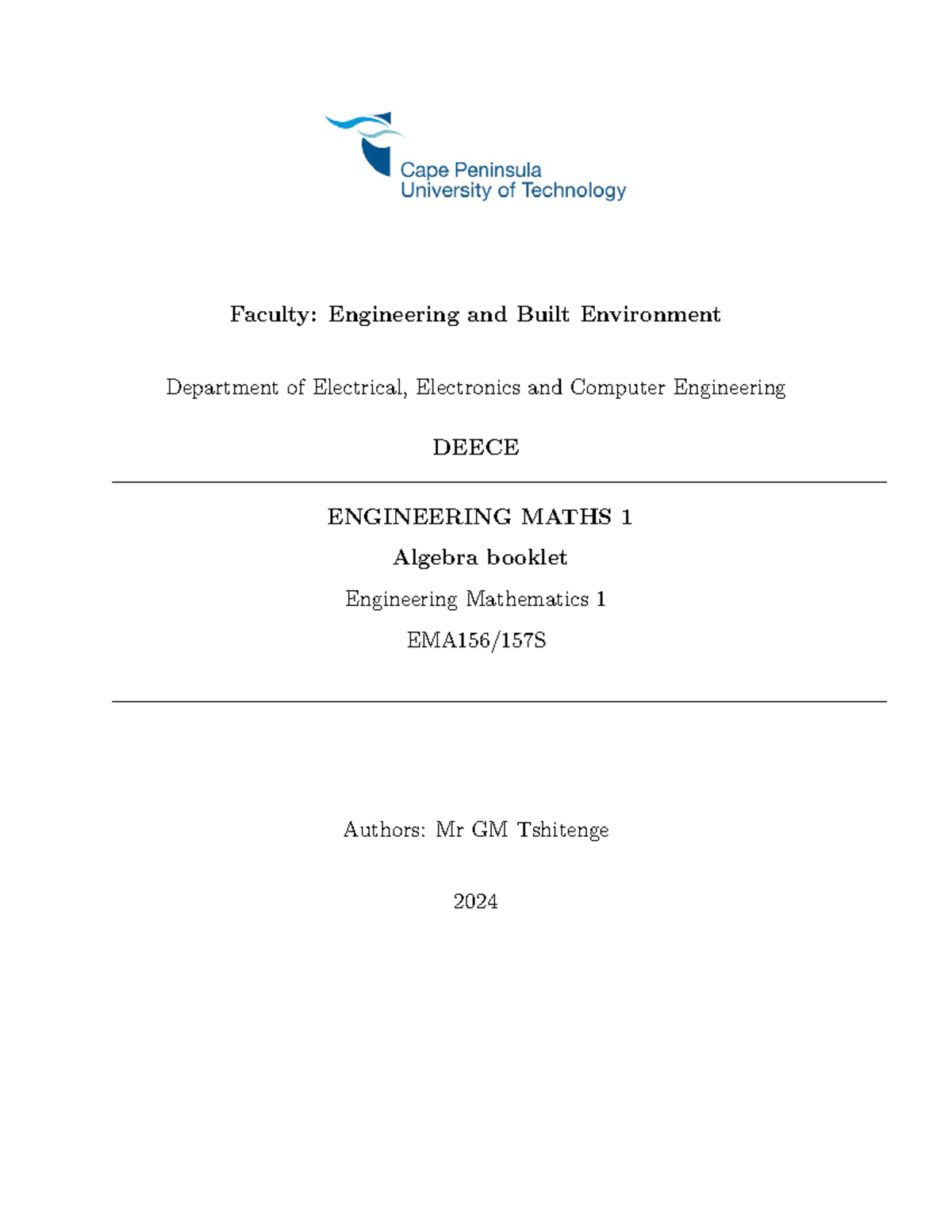 Engineering Mathematics 1 Algebra Notes - Faculty: Engineering and ...