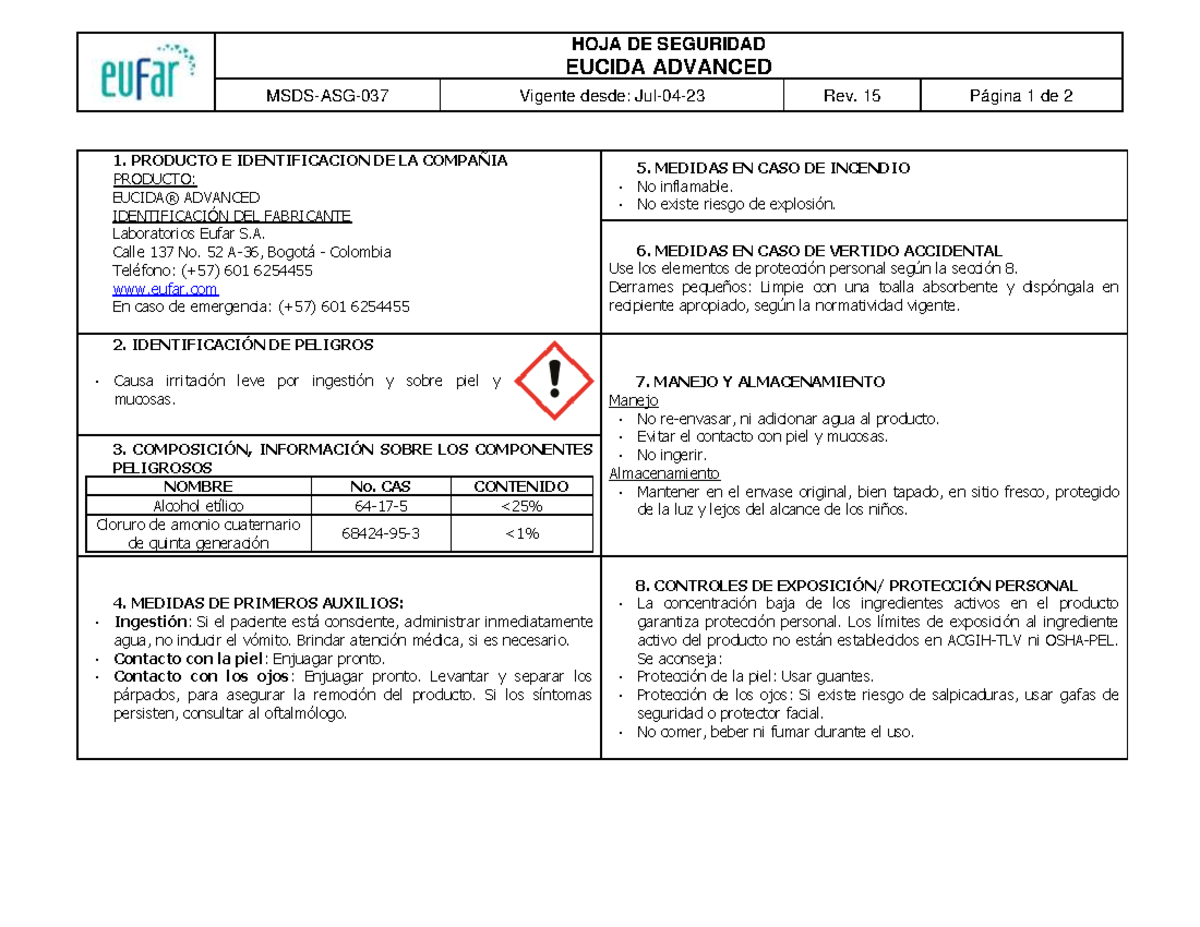 MSDS Eucida advanced - sdddd - HOJA DE SEGURIDAD EUCIDA ADVANCED MSDS ...
