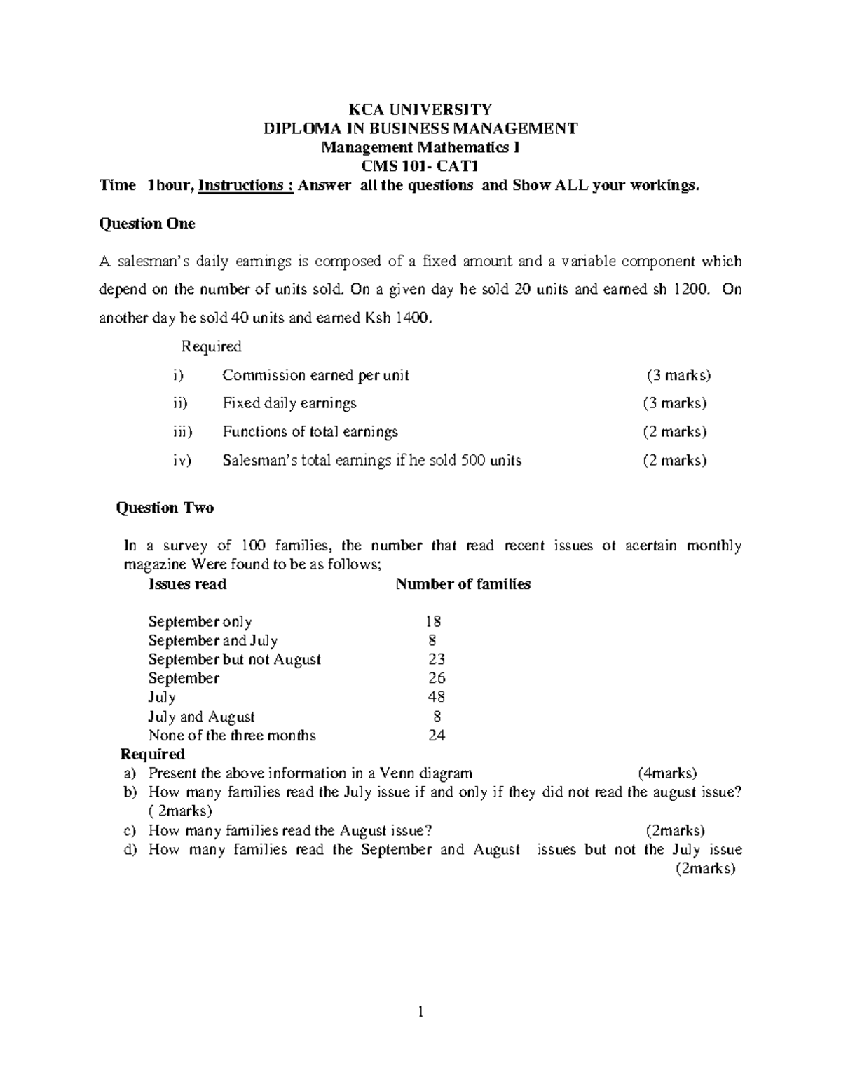 DMS 101 M M I CAT - Revision requirements and past papers - 1 KCA UNIVERSITY DIPLOMA IN BUSINESS ...