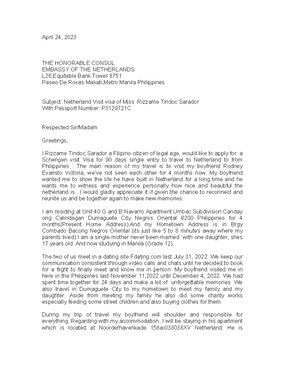 Cover Letter - Nznnznznz - April 24, 2023 THE HONORABLE CONSUL EMBASSY ...