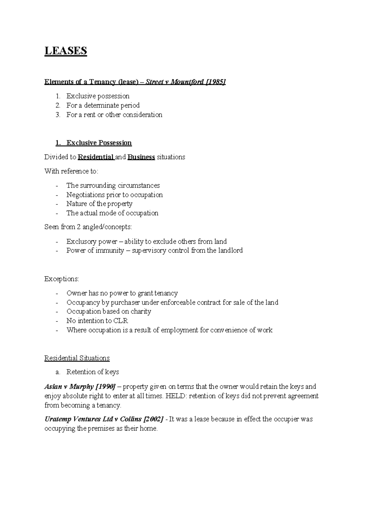 3. Leases - Lecture notes 1-5 - LEASES Elements of a Tenancy (lease ...