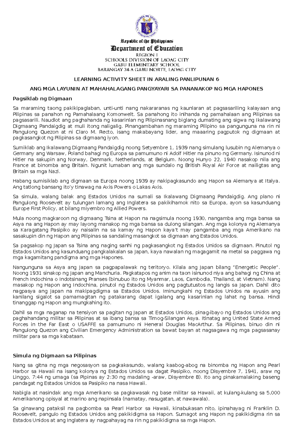 Learning Activity Sheets- November 5, 2024 - LEARNING ACTIVITY SHEET IN ...