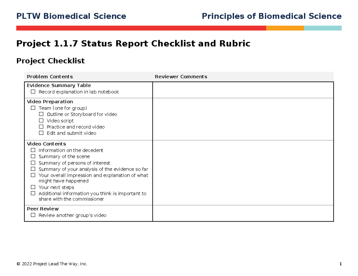 Pbs 117 SV Status Report Rubric - PLTW Biomedical Science Principles of Biomedical Science ...