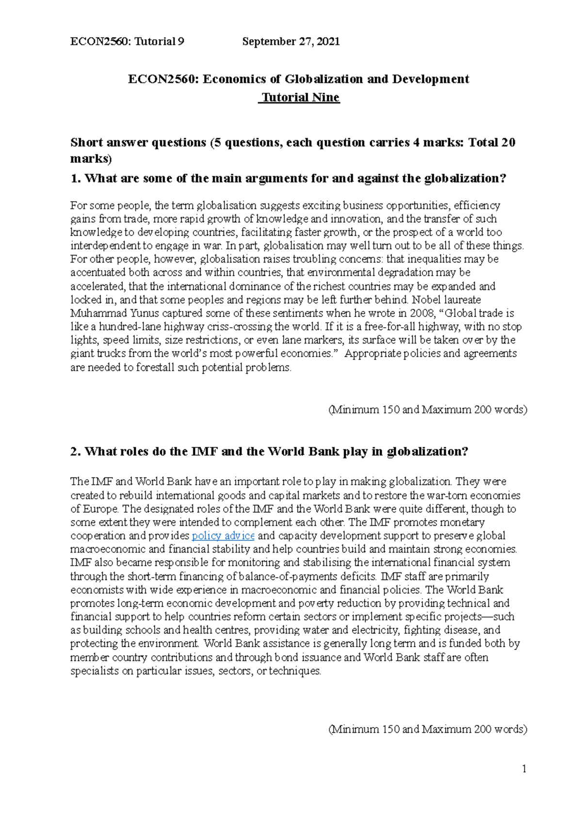 ECON2560 - Tutorial Nine - ECON2560: Tutorial 9 September 27, 2021 ...