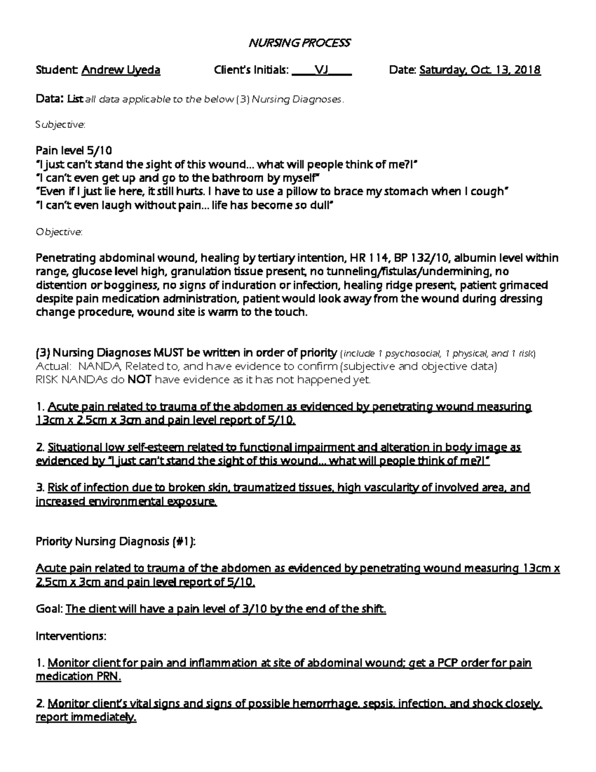 Nursing Process Form - SSD Wound Care - Fall 2018 - NURSING PROCESS ...
