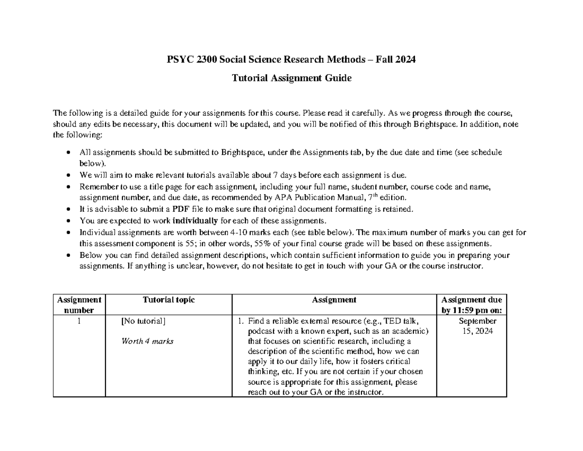 PSYC 2300 Assignment Guide Fall 20241 - PSYC 2300 Social Science Research Methods – Fall 2024 ...
