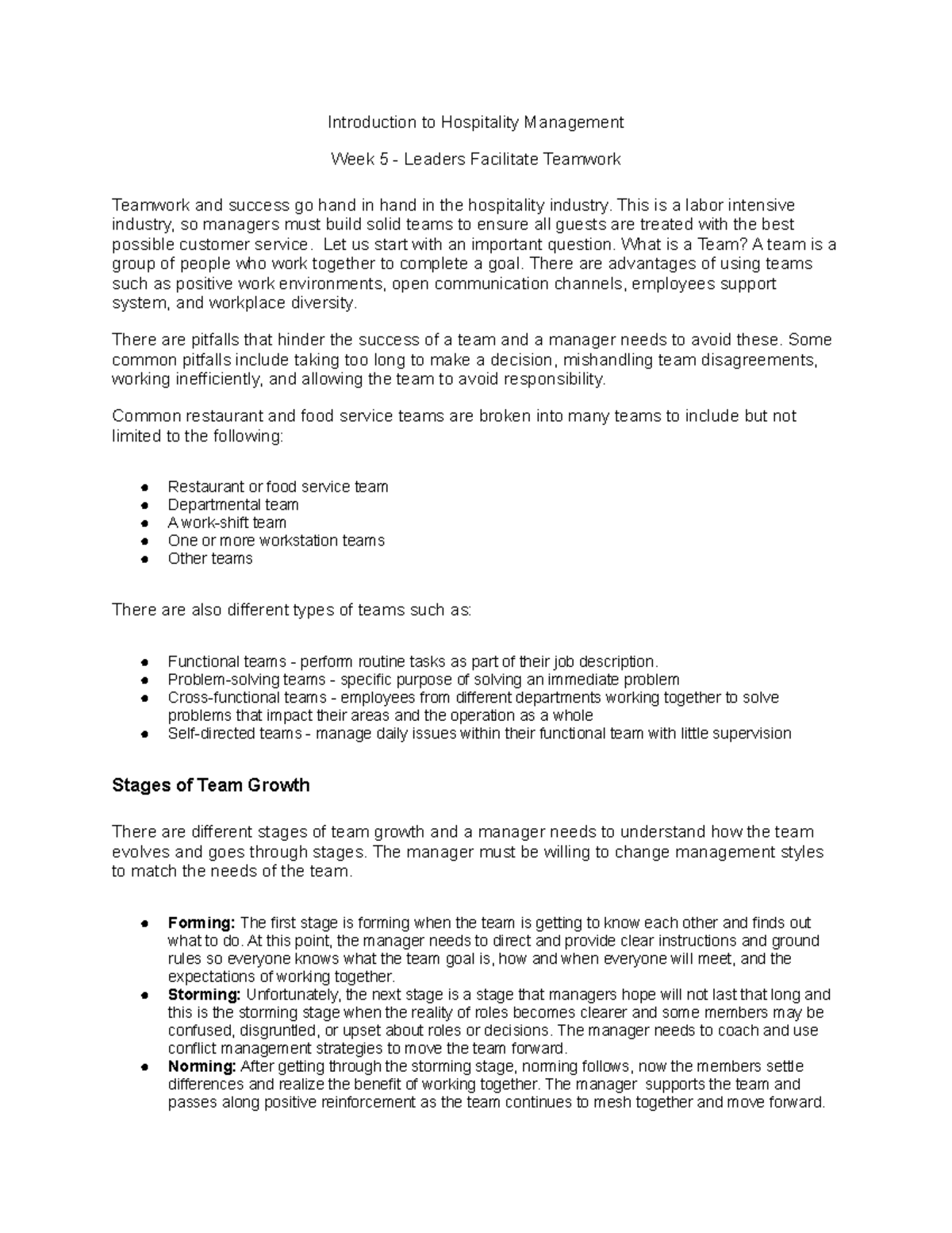 Introduction of Hospitality Management. Week 5 (Notes) Leaders ...