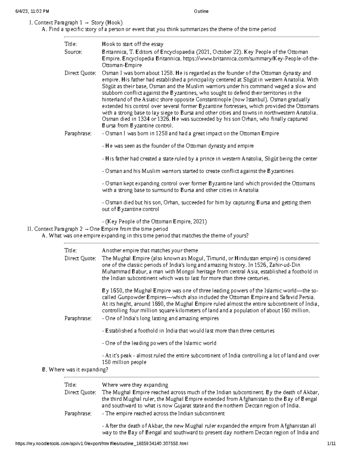 Outline - Taking notes for class - I. Context Paragraph 1 → Story (Hook ...