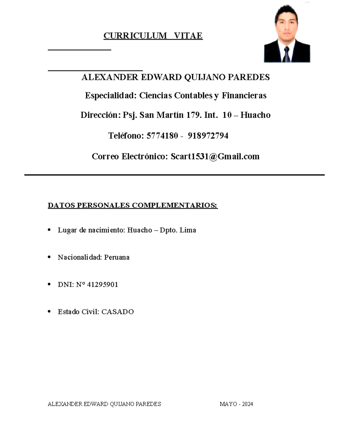 Cv alexander quijano Mayo2024 - CURRICULUM VITAE ALEXANDER EDWARD ...