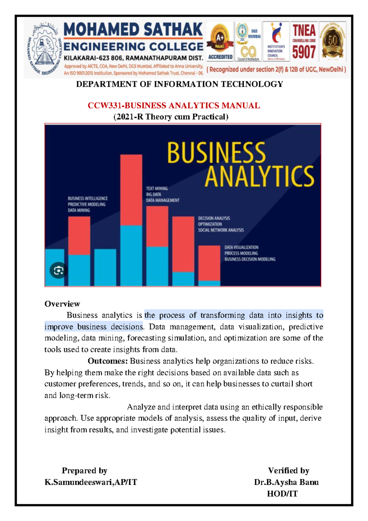 CCW331 Business Analytics Manual(2021 R) - DEPARTMENT OF INFORMATION TECHNOLOGY CCW331-BUSINESS ...