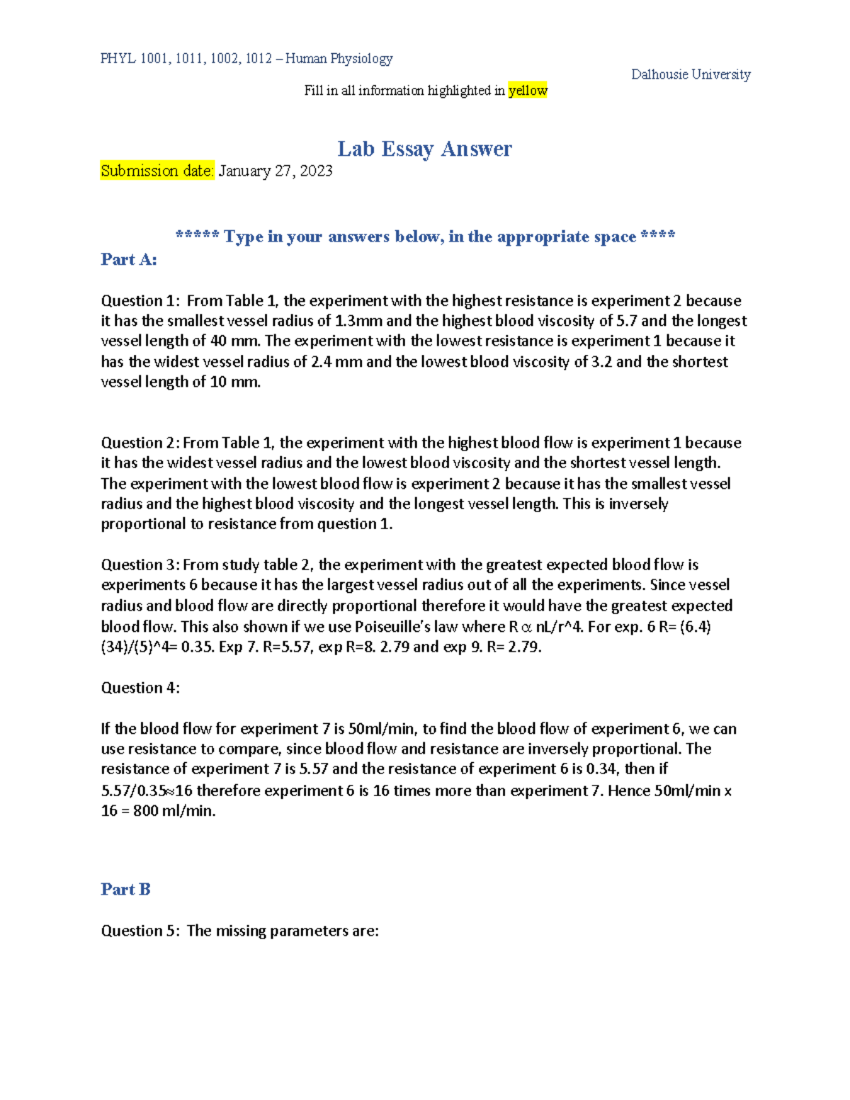 Lab Y2 essay answer - Dalhousie University Fill in all information ...