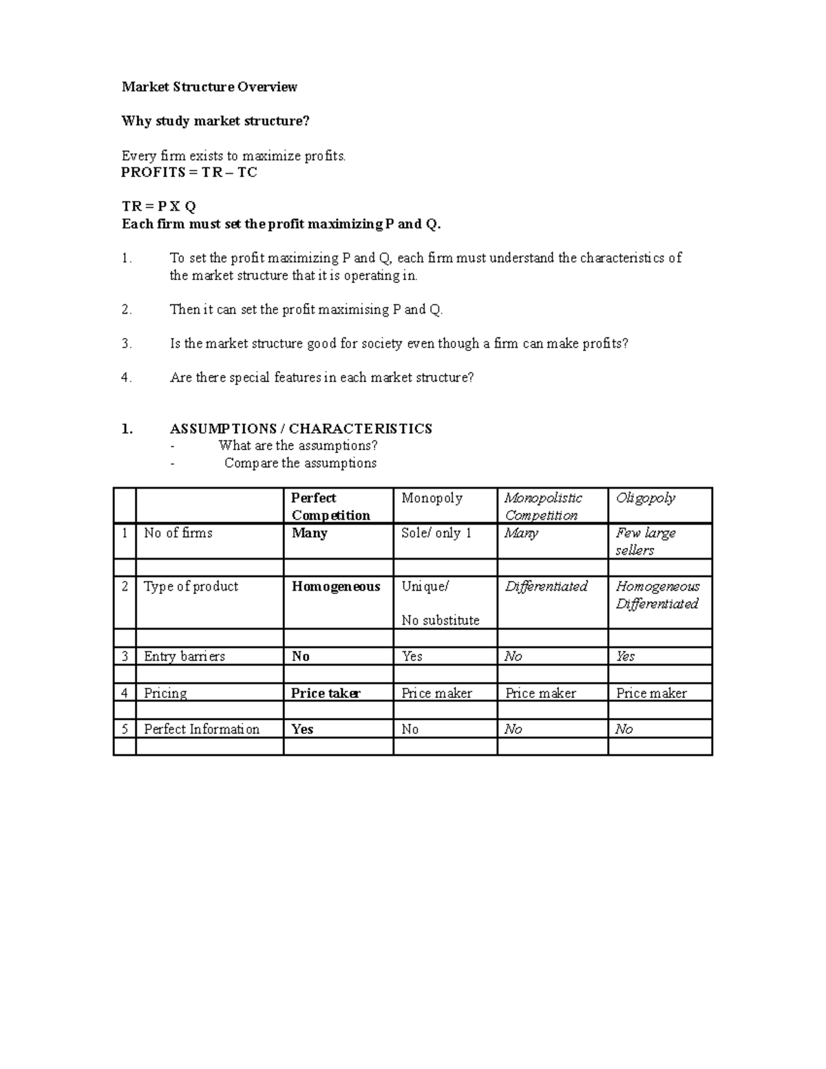 W7 Topic 5D. Market structure summary - Market Structure Overview Why ...