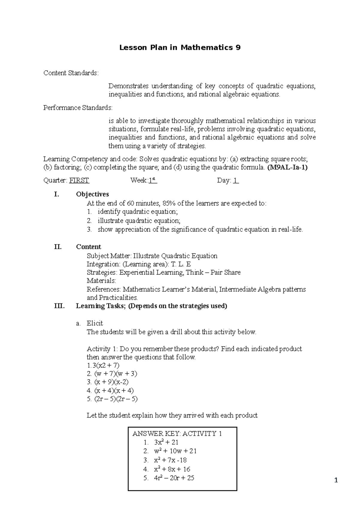 DLP MATH 9 Final 1 - credit to the owner! - Lesson Plan in Mathematics ...
