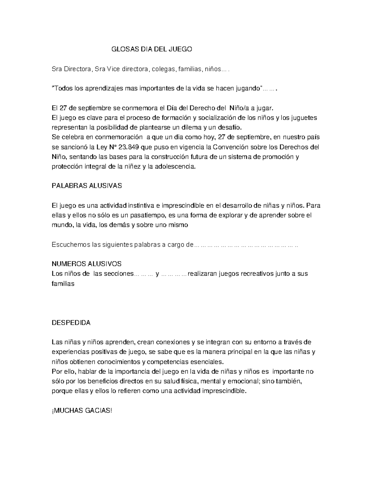 Glosas DIA DEL Derecho A Jugar - GLOSAS DIA DEL JUEGO Sra Directora ...