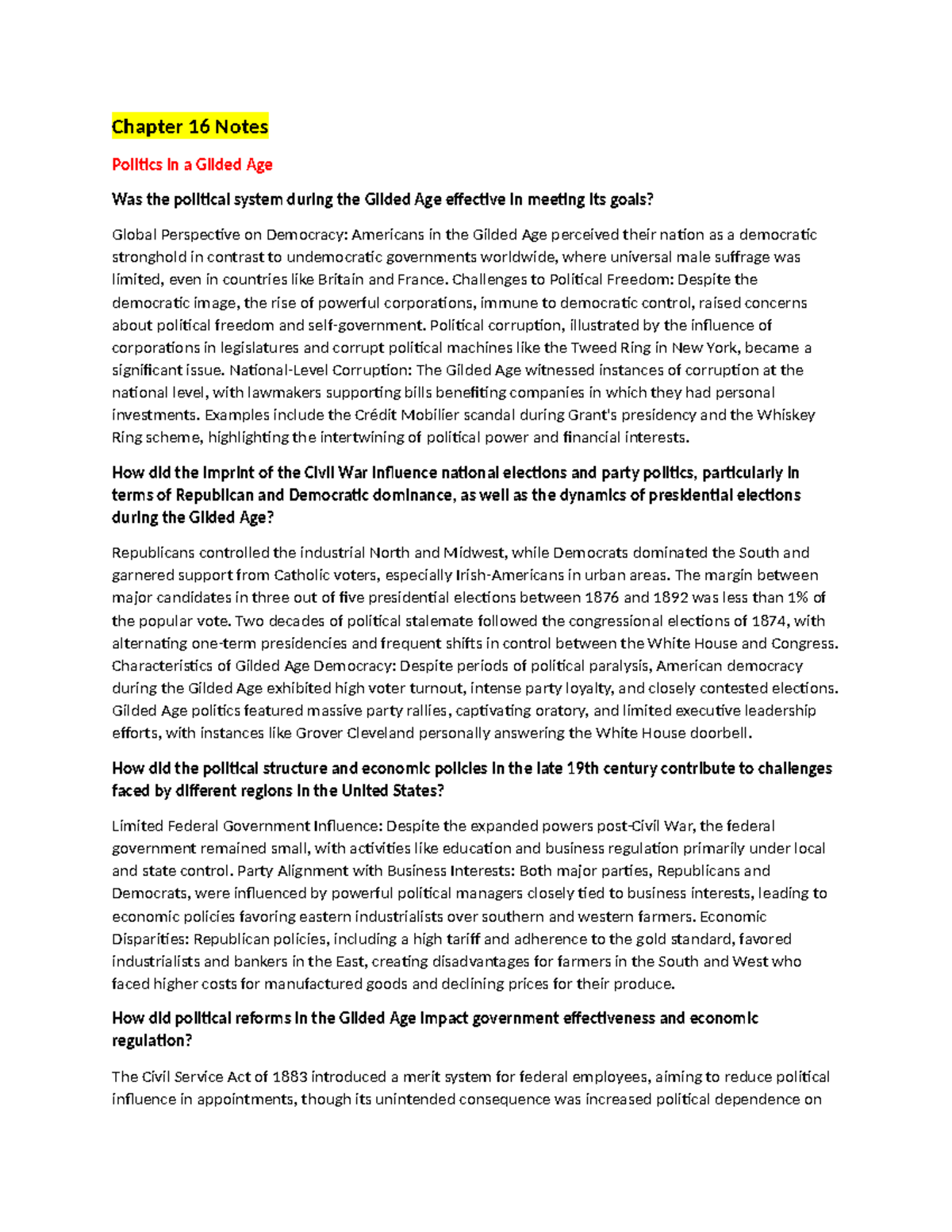 Chapter 16 Notes - Chapter 16 Notes Politics in a Gilded Age Was the ...