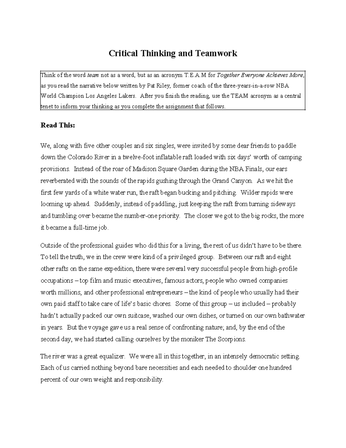 EDUC 1300 Critical Thinking Teamwork Pat Riley Excerpt - Critical ...