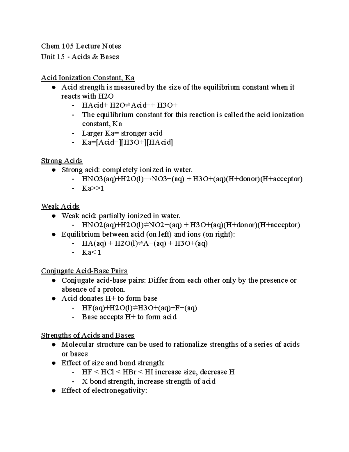 Chem Notes 6 - Unit 15 - Acids & Bases - CHEM 105 - BU - Studocu