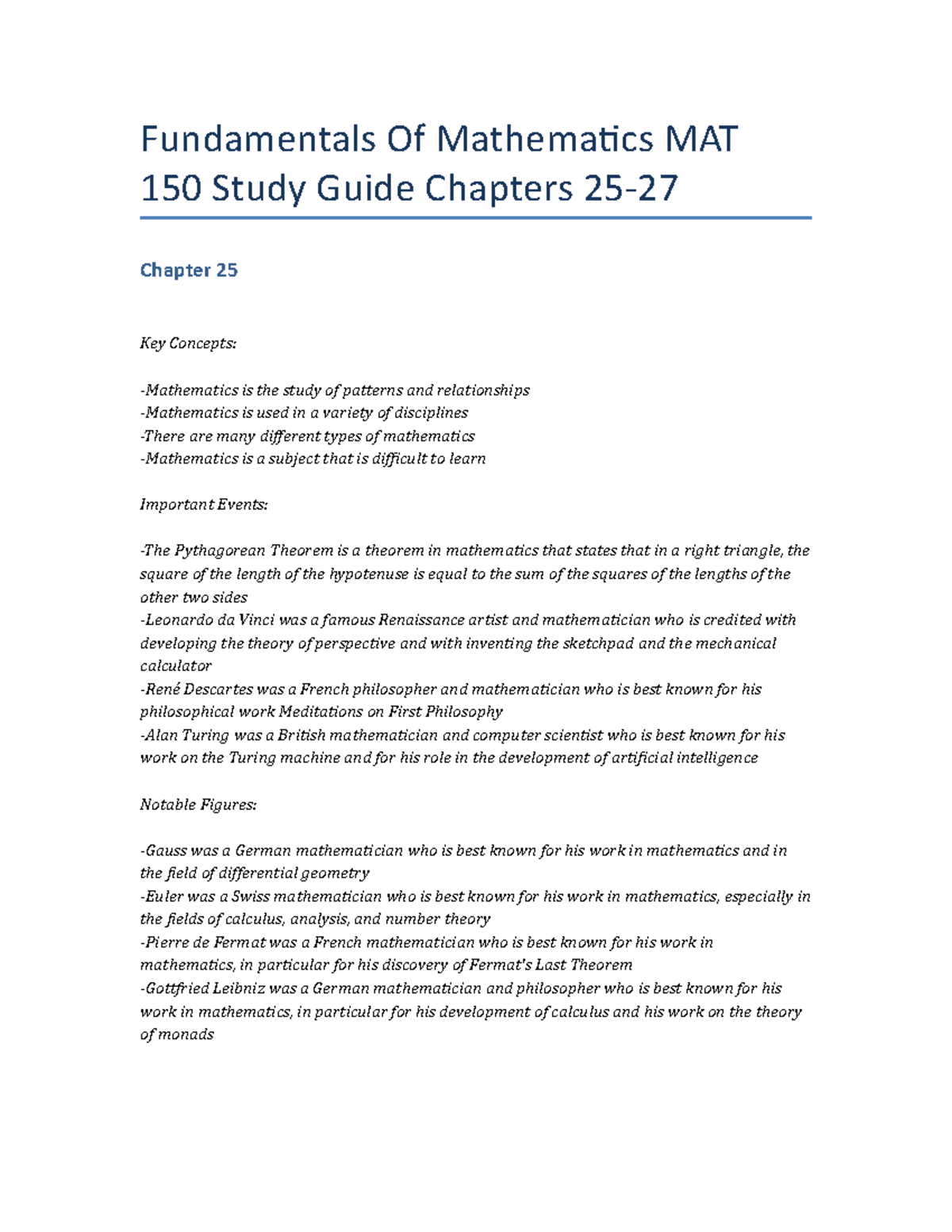 Fundamentals Of Mathematics MAT 150 Study Guide Chapters 25-27 - 2 ...