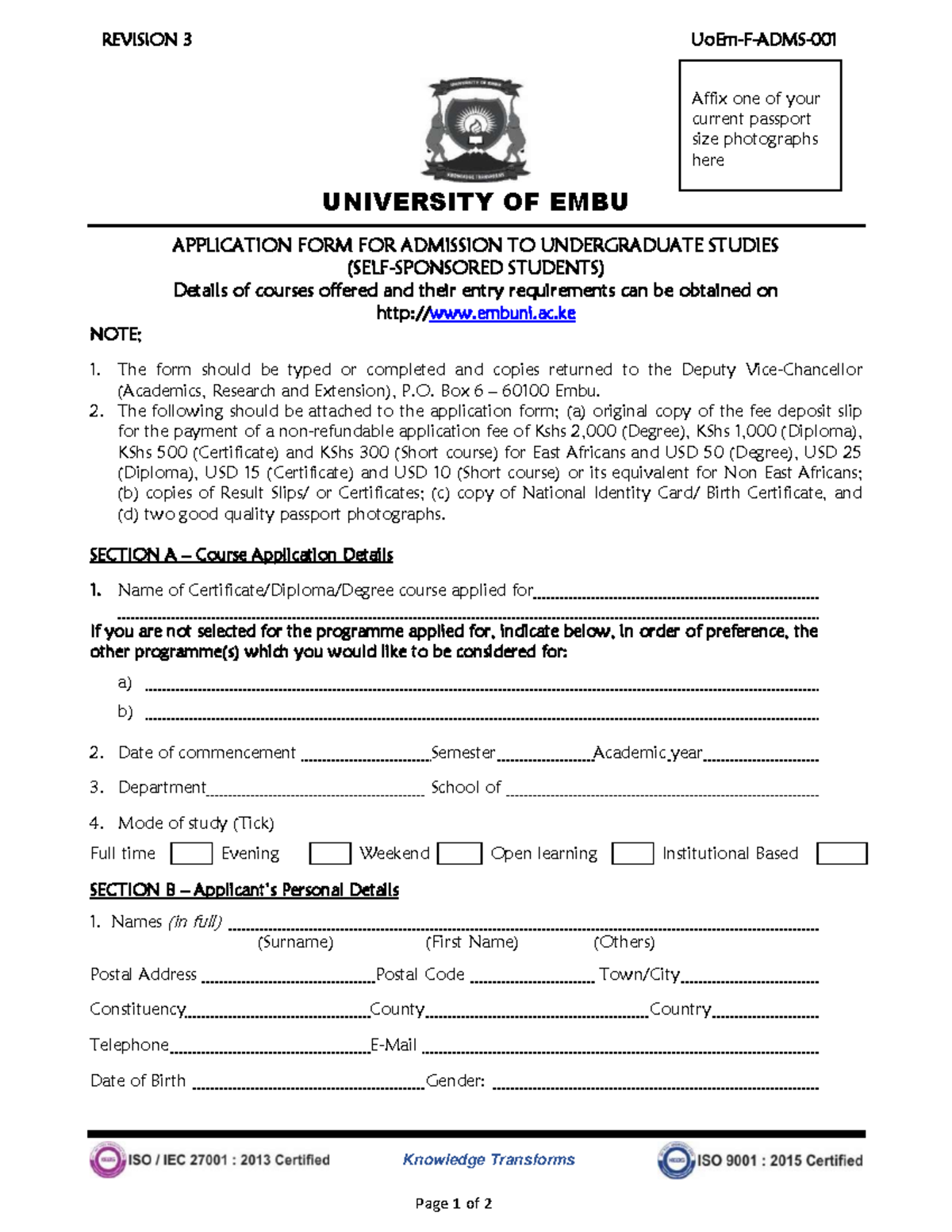Form 001 Undergraduate Application Form Revision 2 - Page 1 of 2 ...