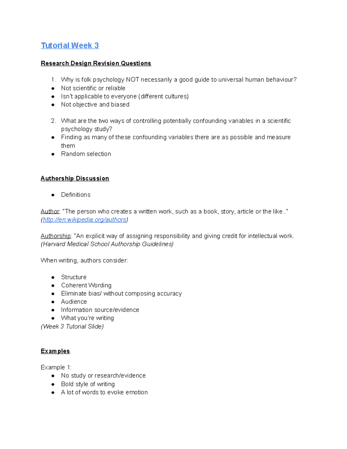 PSY1104 Tutorial Week 3 - Tutorial Week 3 Research Design Revision ...