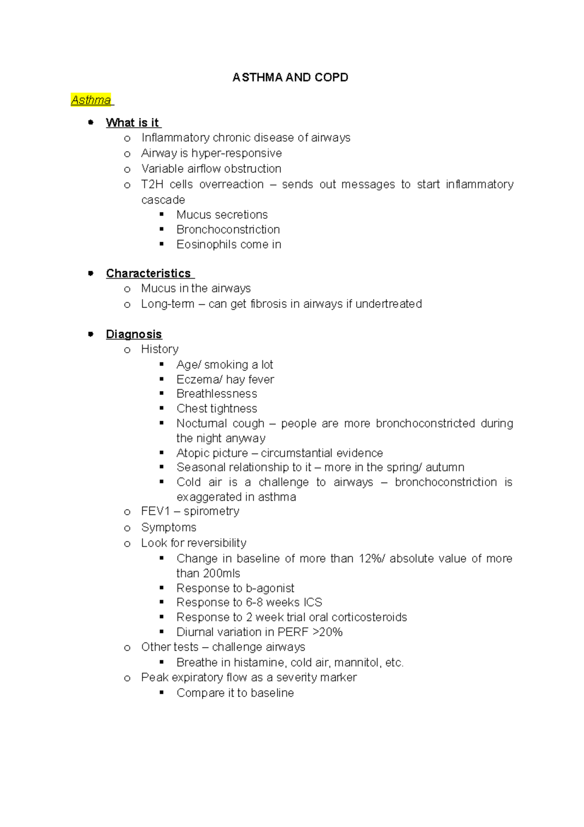 Asthma and COPD - Lecture notes 13 - ASTHMA AND COPD Asthma What is it ...