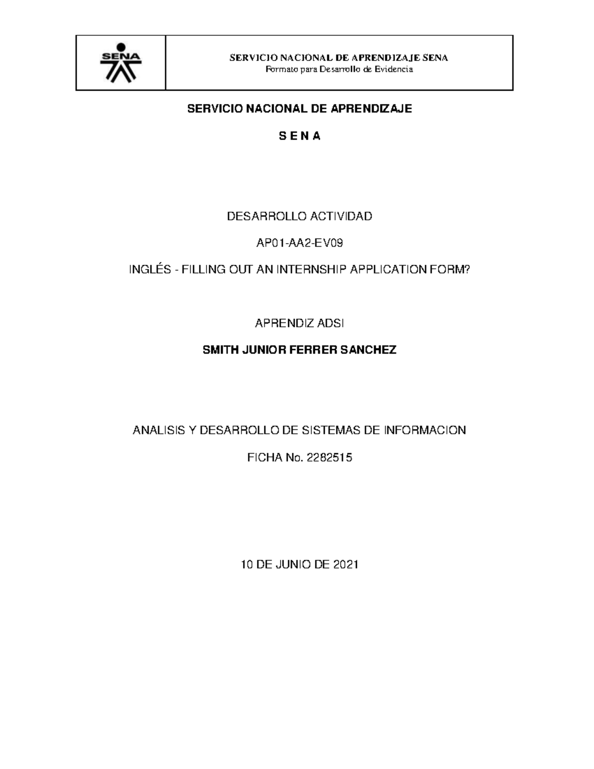 Formato-Internship application form - ADSI - SENA - Studocu